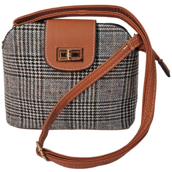 Bags | Houndstooth Plaid Crossbody Bag Brown Faux Leather Trim Gold ...